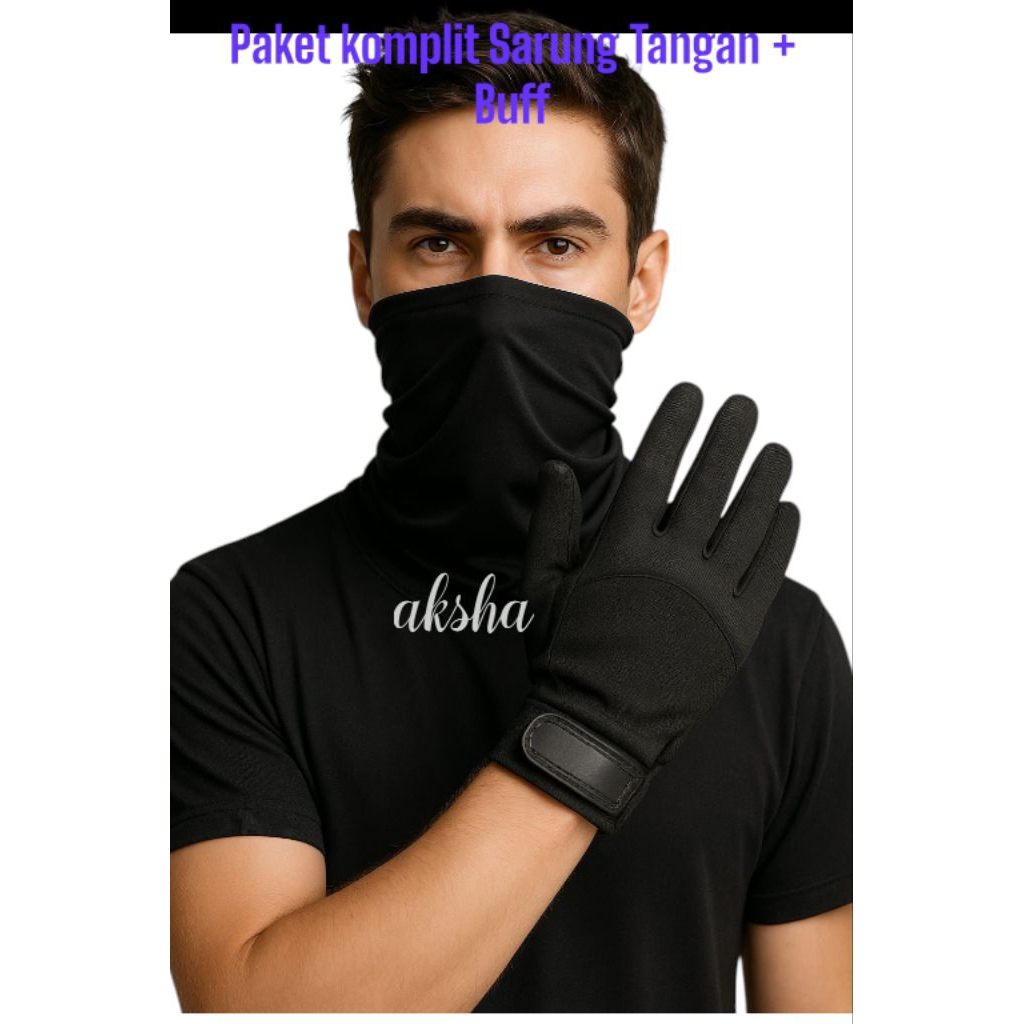 Jual Paket Komplit Motoran Sarung Tangan Full jari Polos Hitam Dan Buff ...