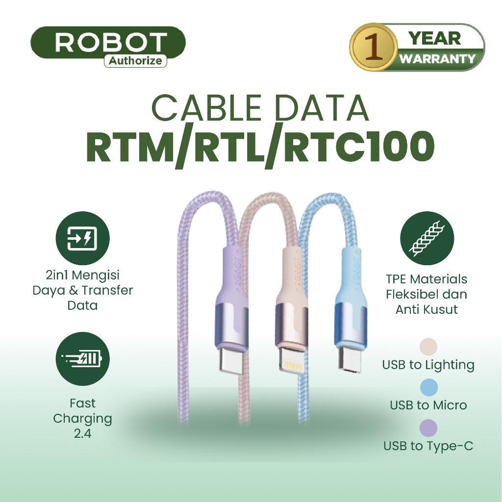 Jual ROBOT Kabel Data Micro USB Type C Lightning Fast Charging 2.4A 1M ...