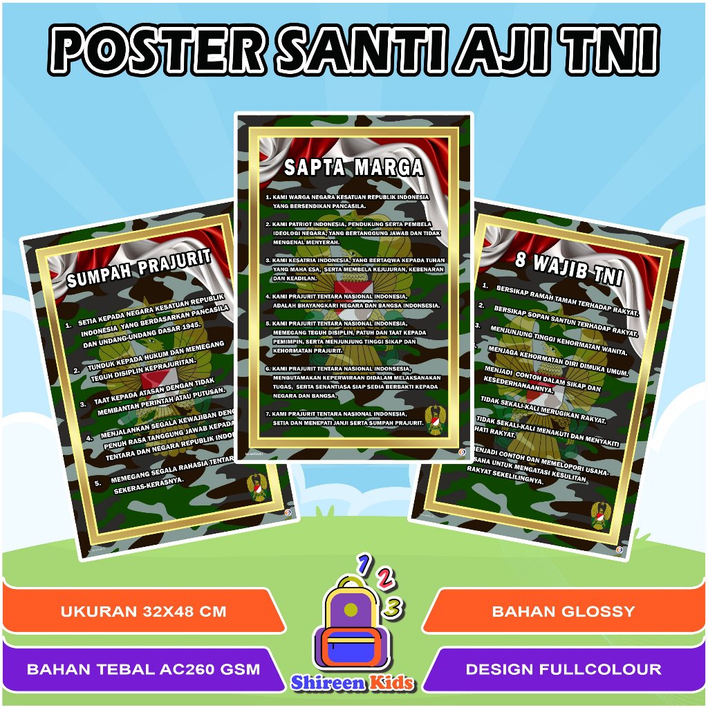 Jual POSTER SANTI AJI TNI - SAPTA MARGA - SUMPAH PRAJURIT - 8 WAJIB TNI ...