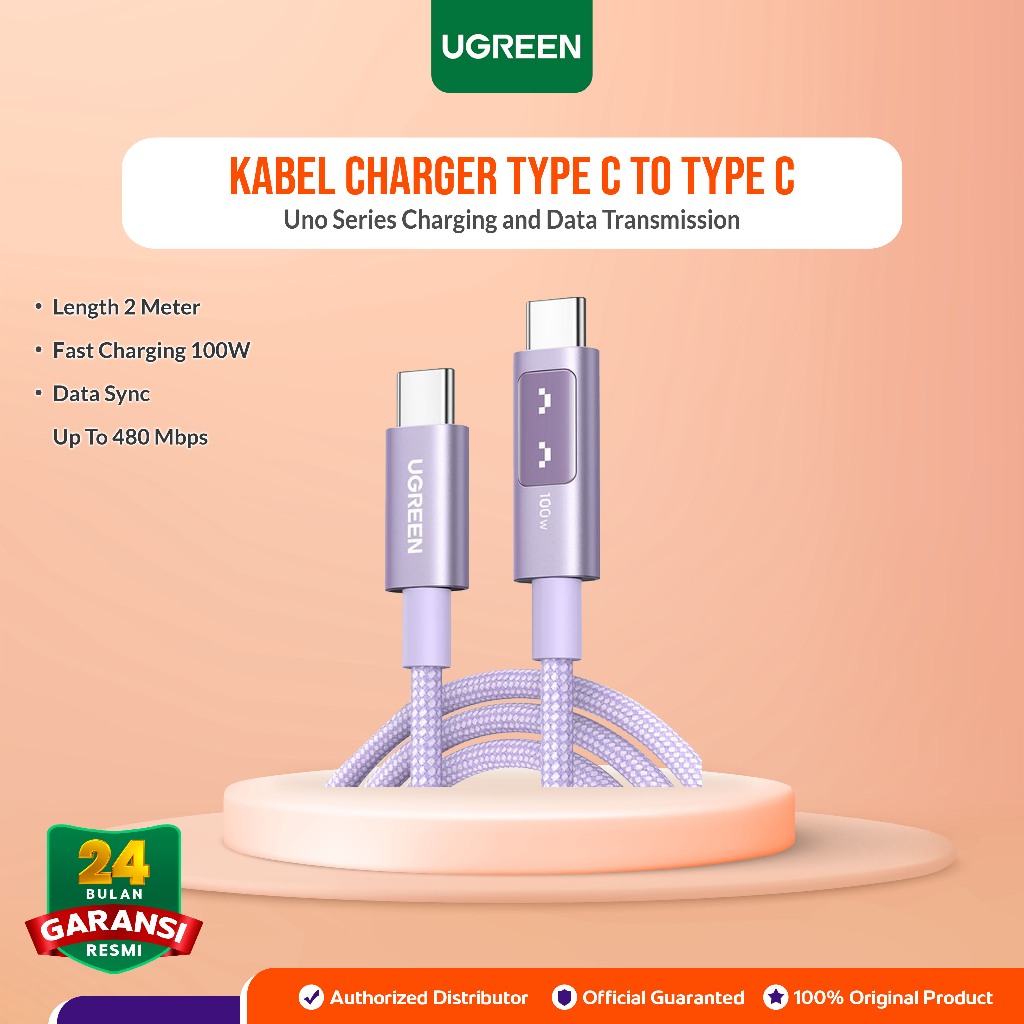 Jual UGREEN 65216 Kabel Data Uno NYLON TYPE C TO TYPE C 100W 5A 2M 2 ...