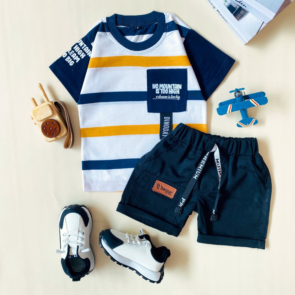 Jual ESTISHOP X DINODAY Setelan Anak Laki Laki Baju Kaos Salur Stripe Celana Cargo Saku Hotpants ...