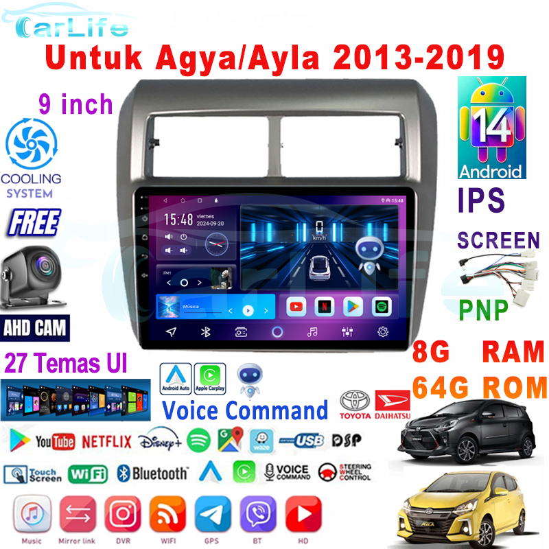 Jual 【Untuk Agya/Ayla 2013-2019】8G+64G Android 14 Head Unit Termasuk Frame/PNP Soket 9 Inch IPS ...