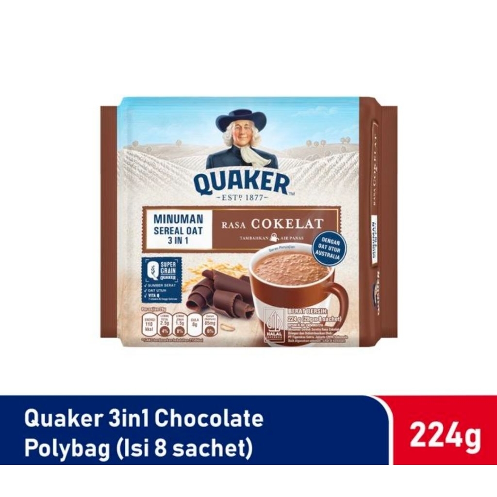 Jual Quaker 3in1 Minuman Sereal Oat Rasa Cokelat – Isi 8 Sachet (224g) | Shopee Indonesia