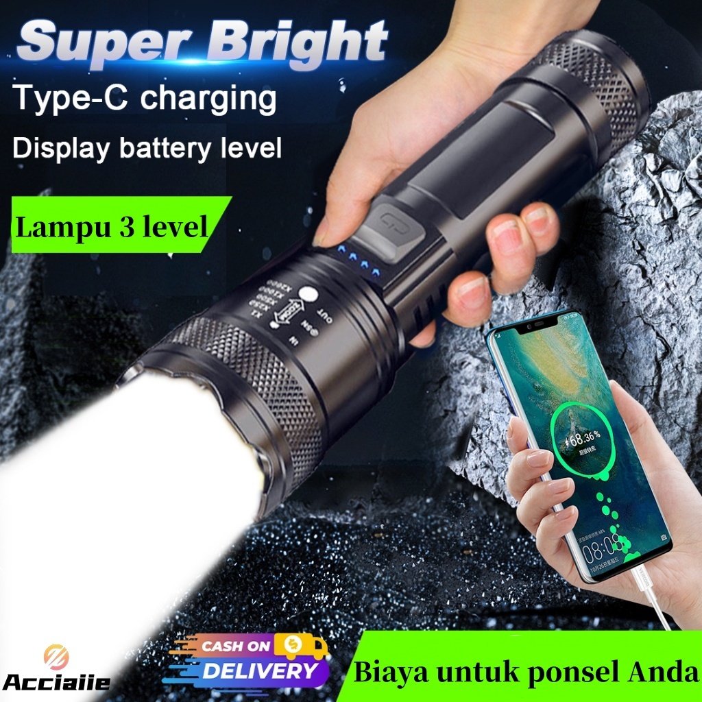 Jual Acciaiie Senter LED Super Terang 10000 Lumens Jarak Jauh Ringan Tahan Air IPX4 Zoom USB ...