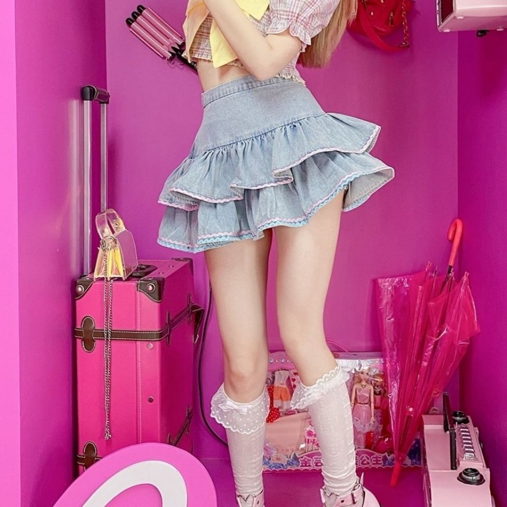 Jual honeyL | High waist denim puffy layered short skirt Japanese cute ...