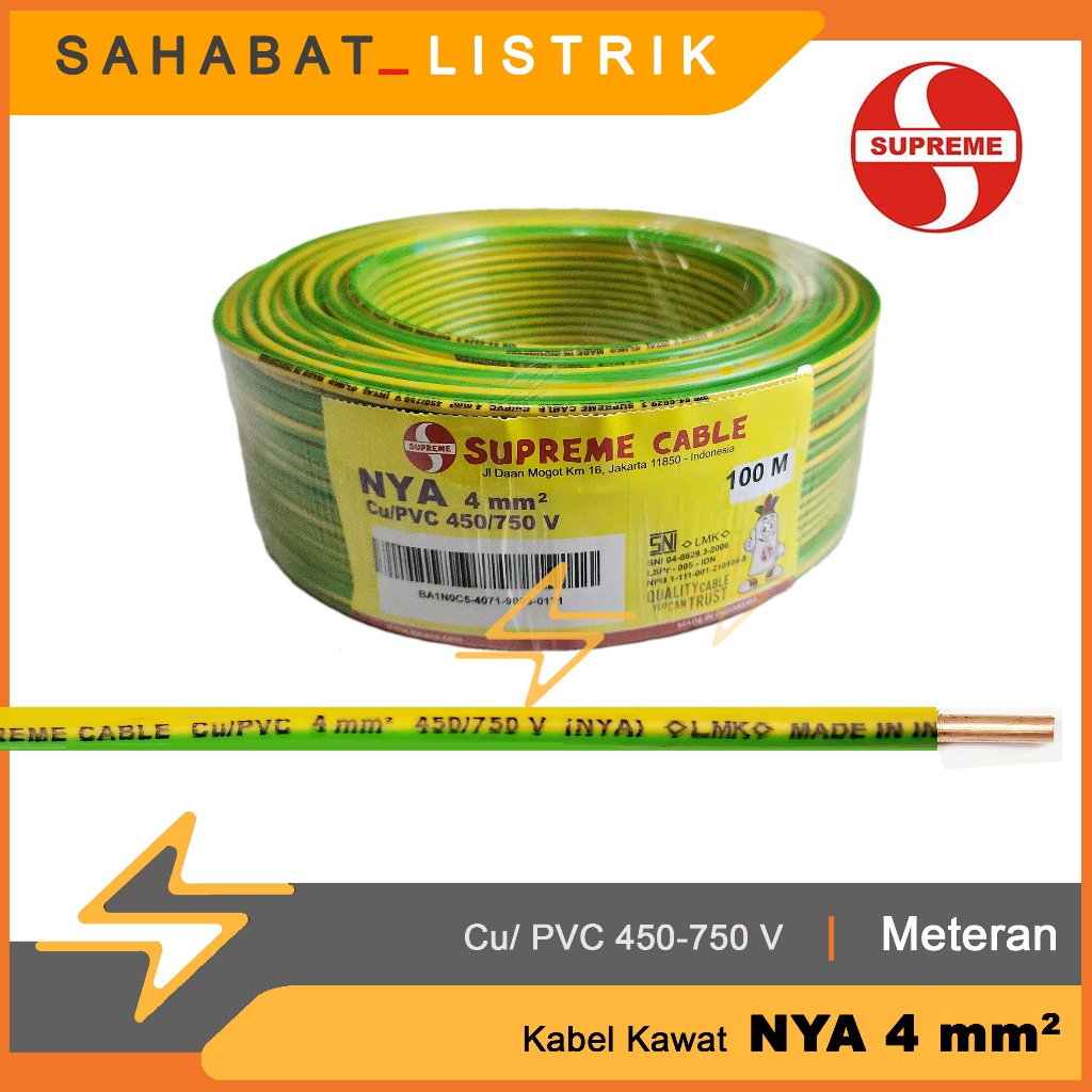 Jual KABEL GROUNDING KUNING HIJAU SUPREME NYA 1X4 / ARDE 4mm meteran | Shopee Indonesia