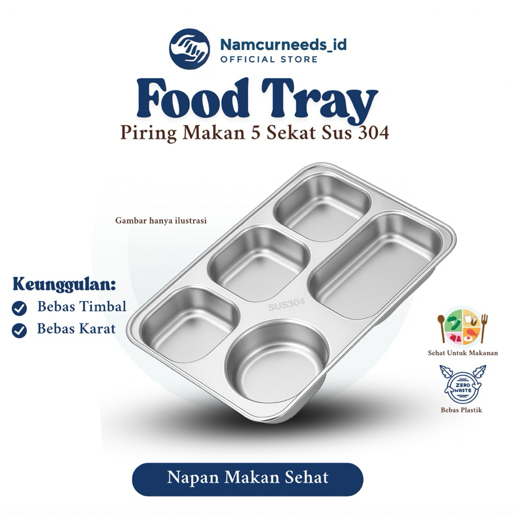 Jual Food Tray Stainless Steel SUS 304 - 5 Sekat + Tutup | Shopee Indonesia