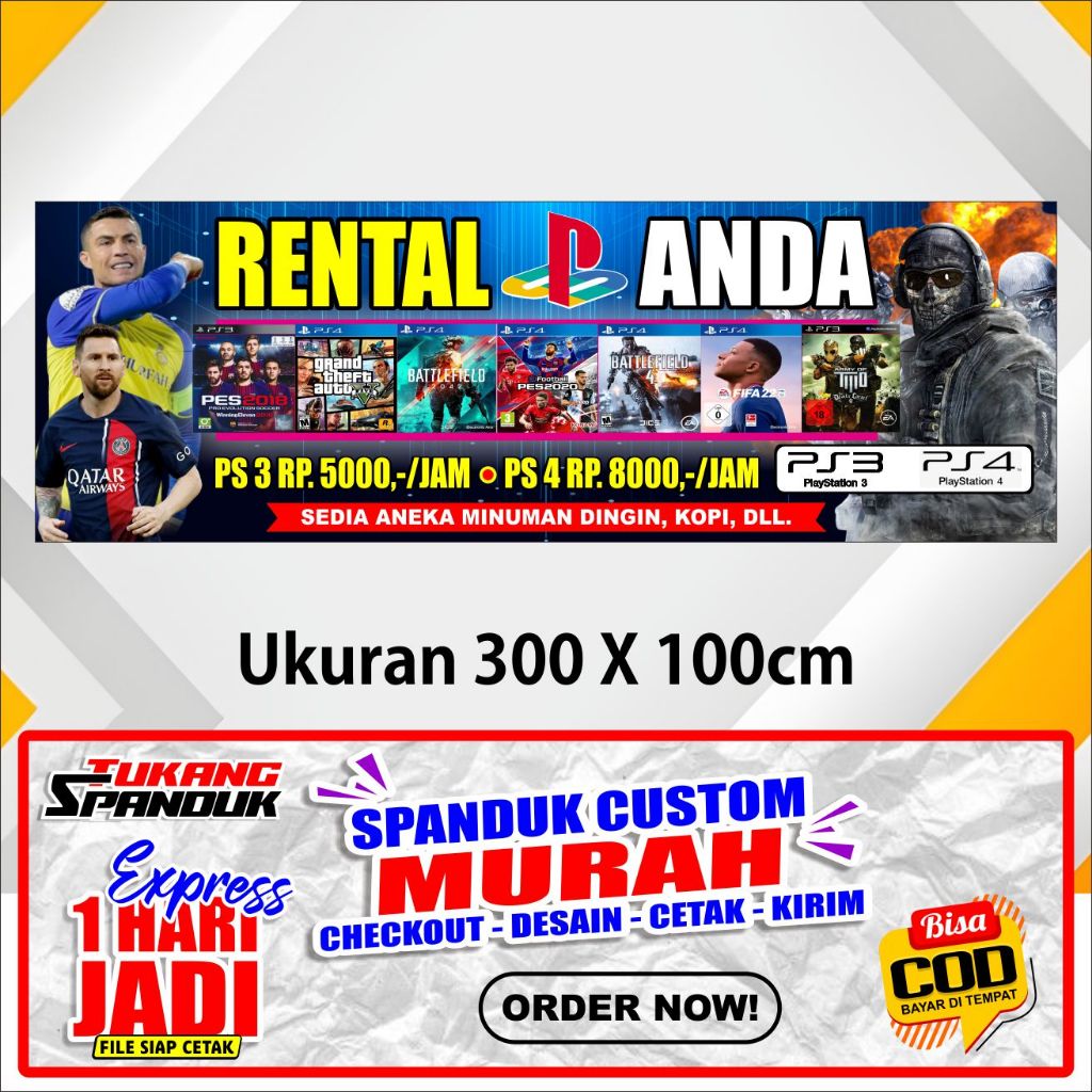 Jual Banner RENTAL PLAYSTATION, SPANDUK RENTAL PS, ukuran 300x100 cm ...