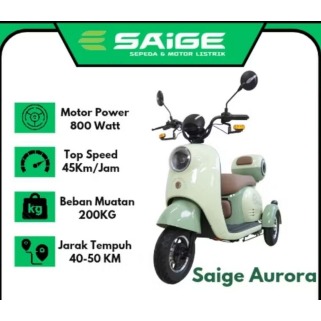 Jual SEPEDA LISTRIK RODA 3 SAIGE AURORA 800 Watt Anti Air, Garansi ...