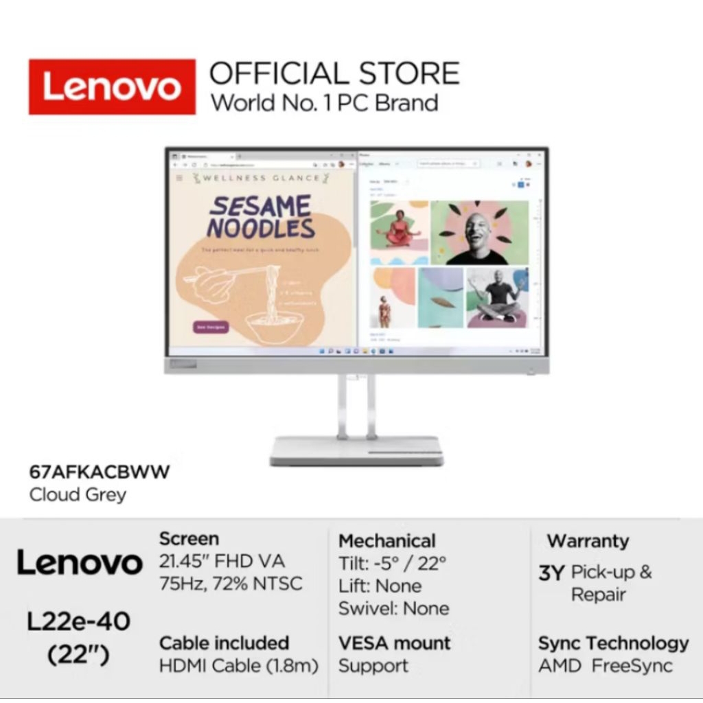Jual Lenovo Monitor L22e-40 21.5" FHD VA Panel 75 Hz Anti-glare ...