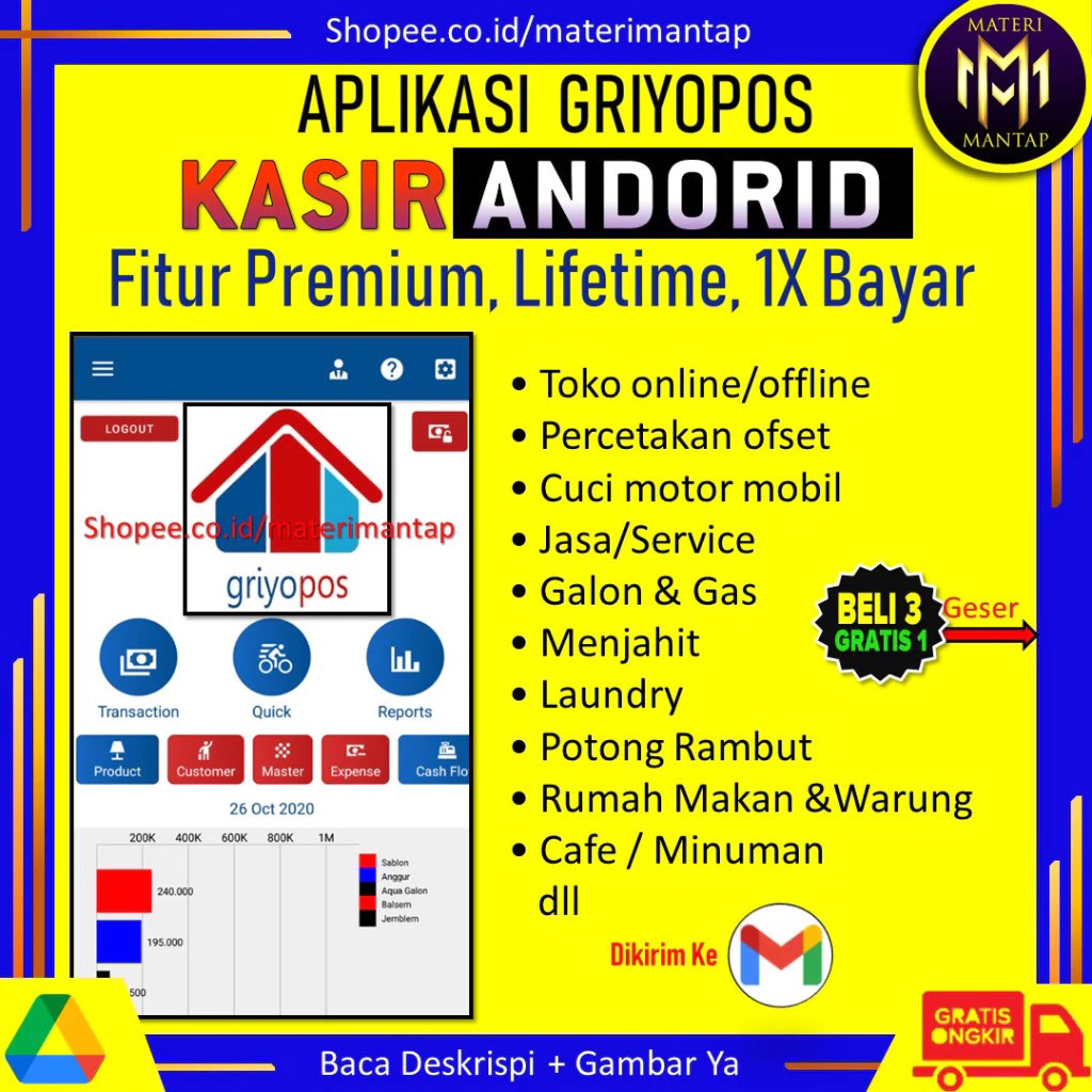 Jual Aplikasi Kasir Android Griyo Pos Premium, Tanpa Iklan, Bayar 1x Lifetime Usaha Retail, Cafe ...