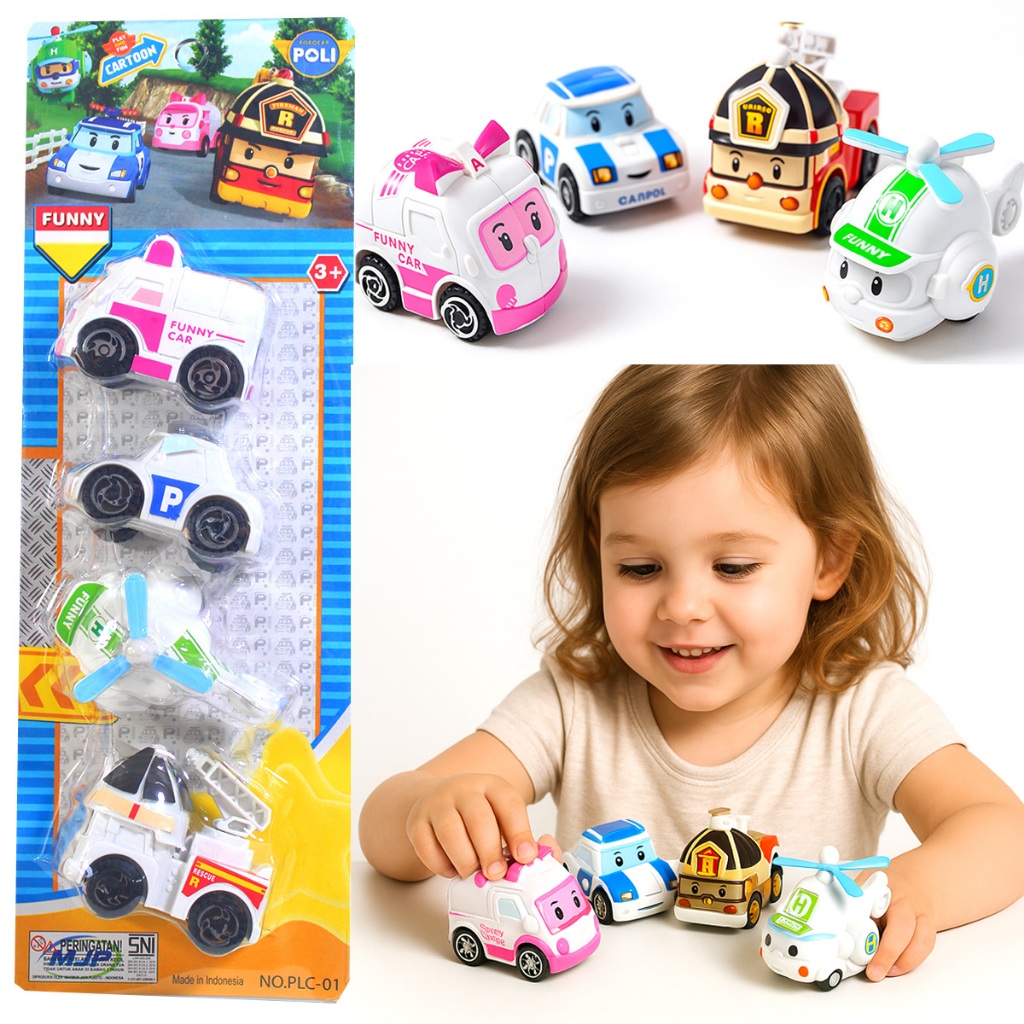 Jual MAINAN ANAK MURAH MOBIL CARTOON POLI ISI 4 PLC-01 KEMASAN MIKA ...