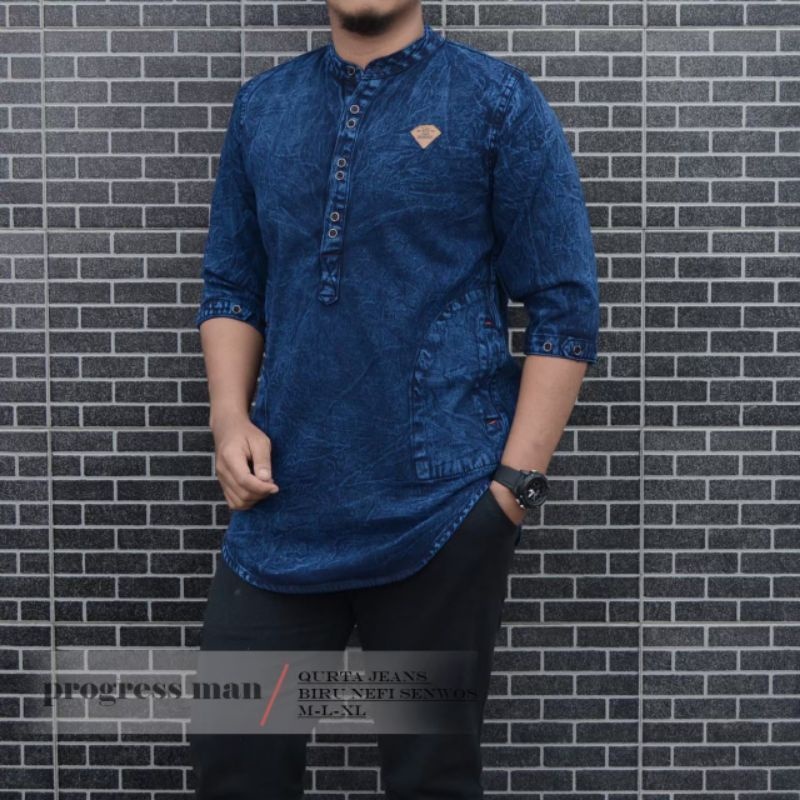 Jual Koko Kurta Pria Pakirtan Jeans Denim Premium Baju Muslim Pria Lengan Pendek | Shopee Indonesia