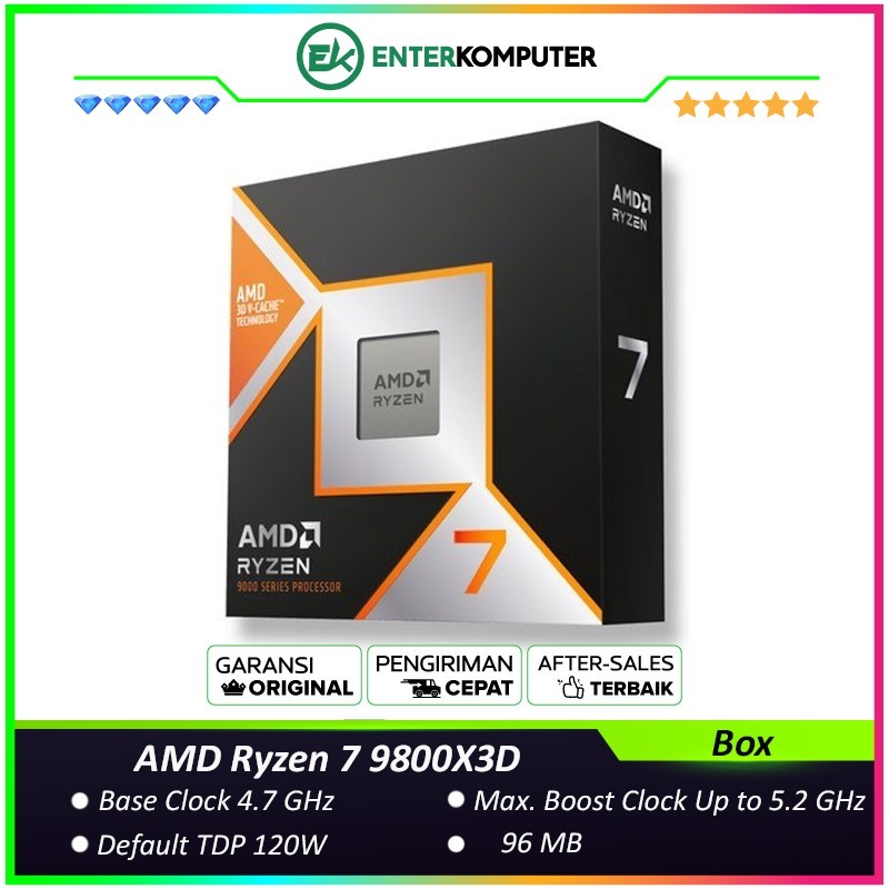 Jual AMD Ryzen 7 9800X3D 4.7GHz Up To 5.2GHz Cache 96MB 120W AM5 [Box] - 8 Core (Garansi AMD ...