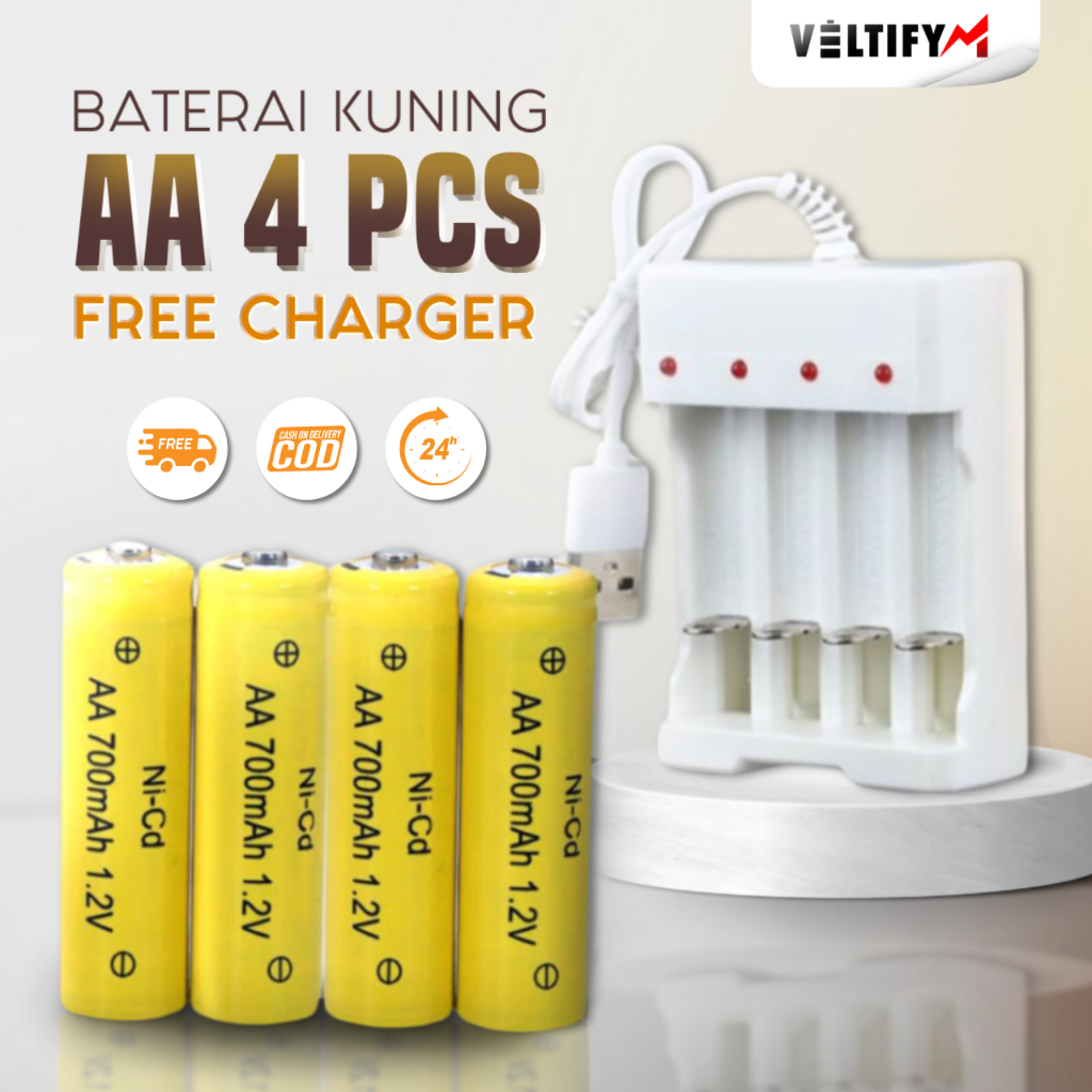 Jual Baterai Kuning AA 4 Pcs + Free Charger 700 mAh 1.2V Rechargeable ...