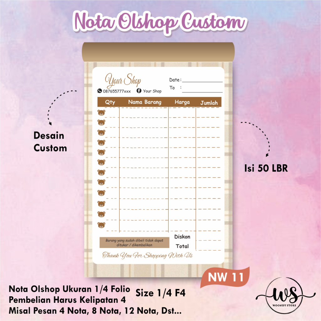 Jual NOTA OLSHOP CUSTOM 1 PLY FULL COLOUR MURAH (NW) | Shopee Indonesia