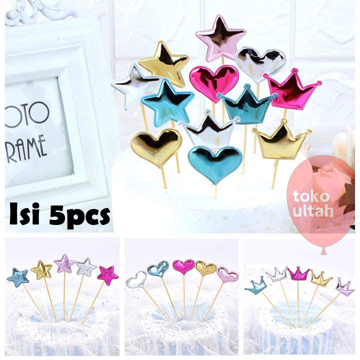Jual 5pcs Topper Kue Bentuk Love, Bintang, dan Mahkota Warna Mix, Gold, Silver, Merah, Pink ...