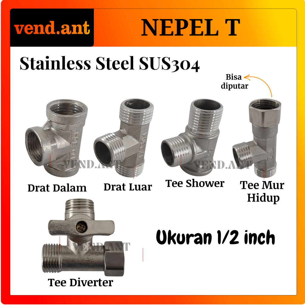 Jual Nepel Tee Sambungan T Shower Closet Drat Luar Dalam 1/2" Stainless ...