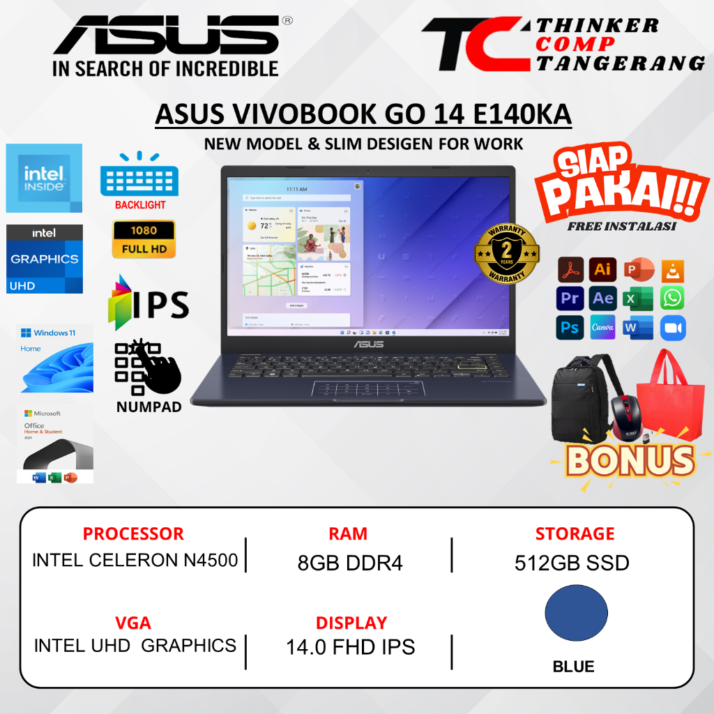 Jual Laptop kantor murah asus vivobook go 14 E140KA numpad windows 11 ...