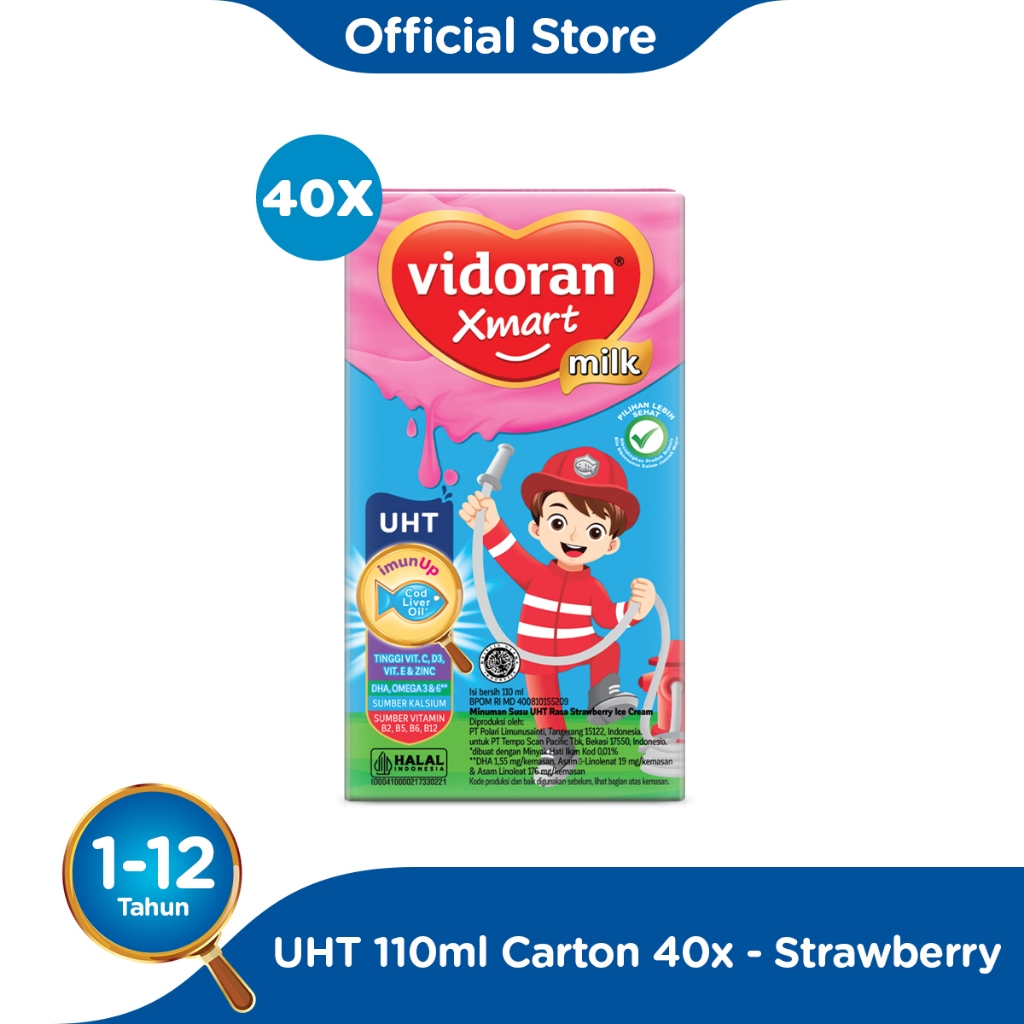 Jual Vidoran Xmart UHT Susu Cair Stroberi [40pcs / 110 ml] | Shopee ...