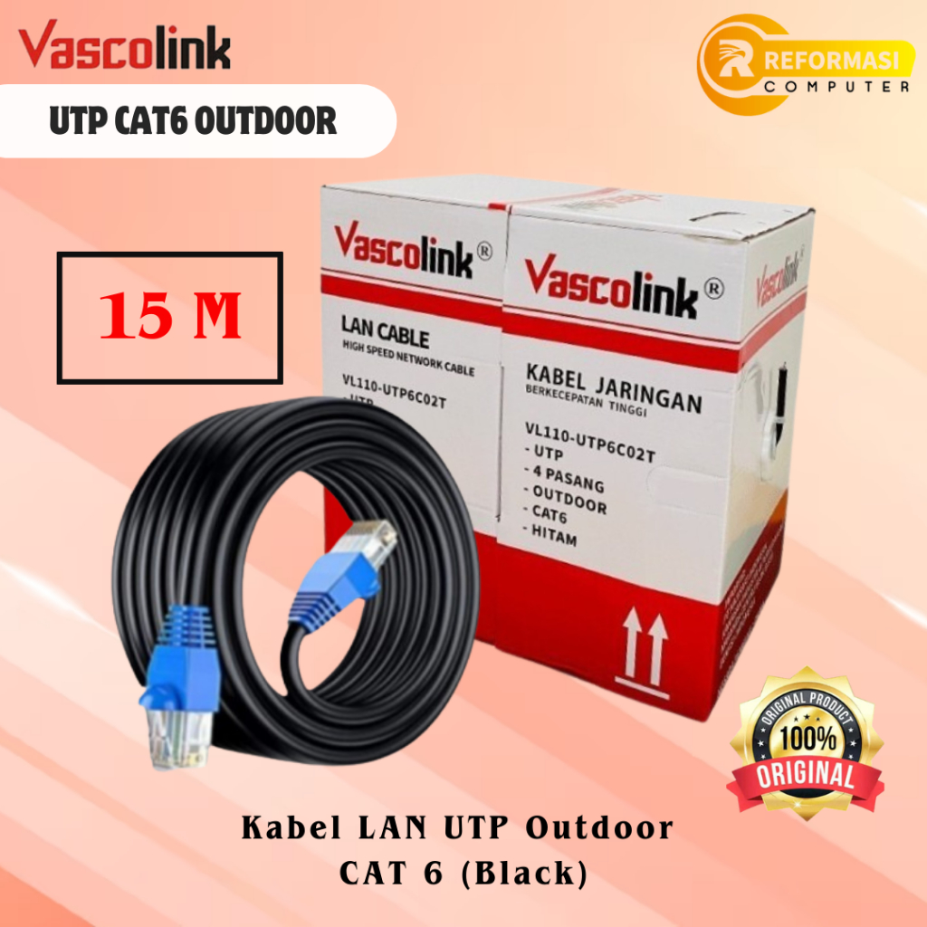 Jual VASCOLINK Kabel LAN UTP Vascolink Outdoor CAT 6 / CAT6 (Black) 15 METER | Shopee Indonesia
