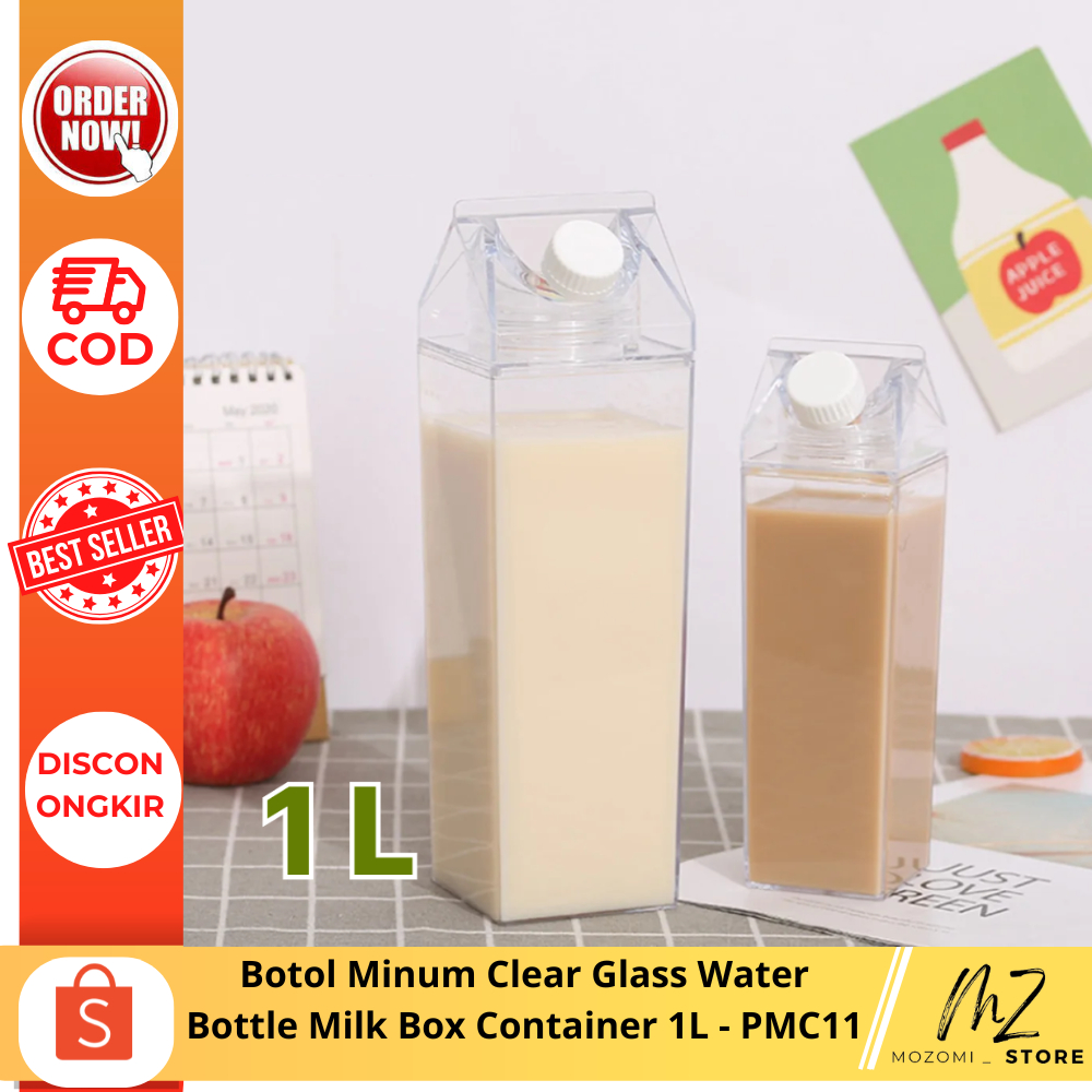 Jual Botol Minum Aesthetic Clear Glass Water Bottle Milk Box Container ...