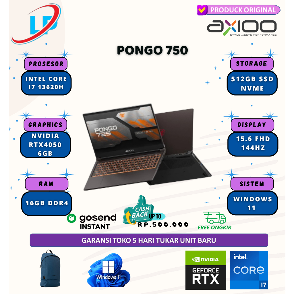 Jual Axioo pongo 750 I7 13620H rtx4050 6gb 16gb 512gb w11 15.6 fhd ips ...