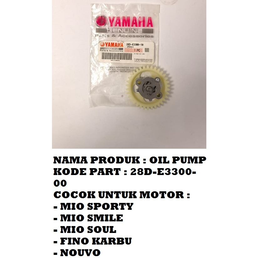 Jual OIL PUMP / POMPA OLI MIO SPORTY, MIO SMILE, MIO SOUL, FINO KARBU, NOUVO 28D-E3300-00 ASLI ...