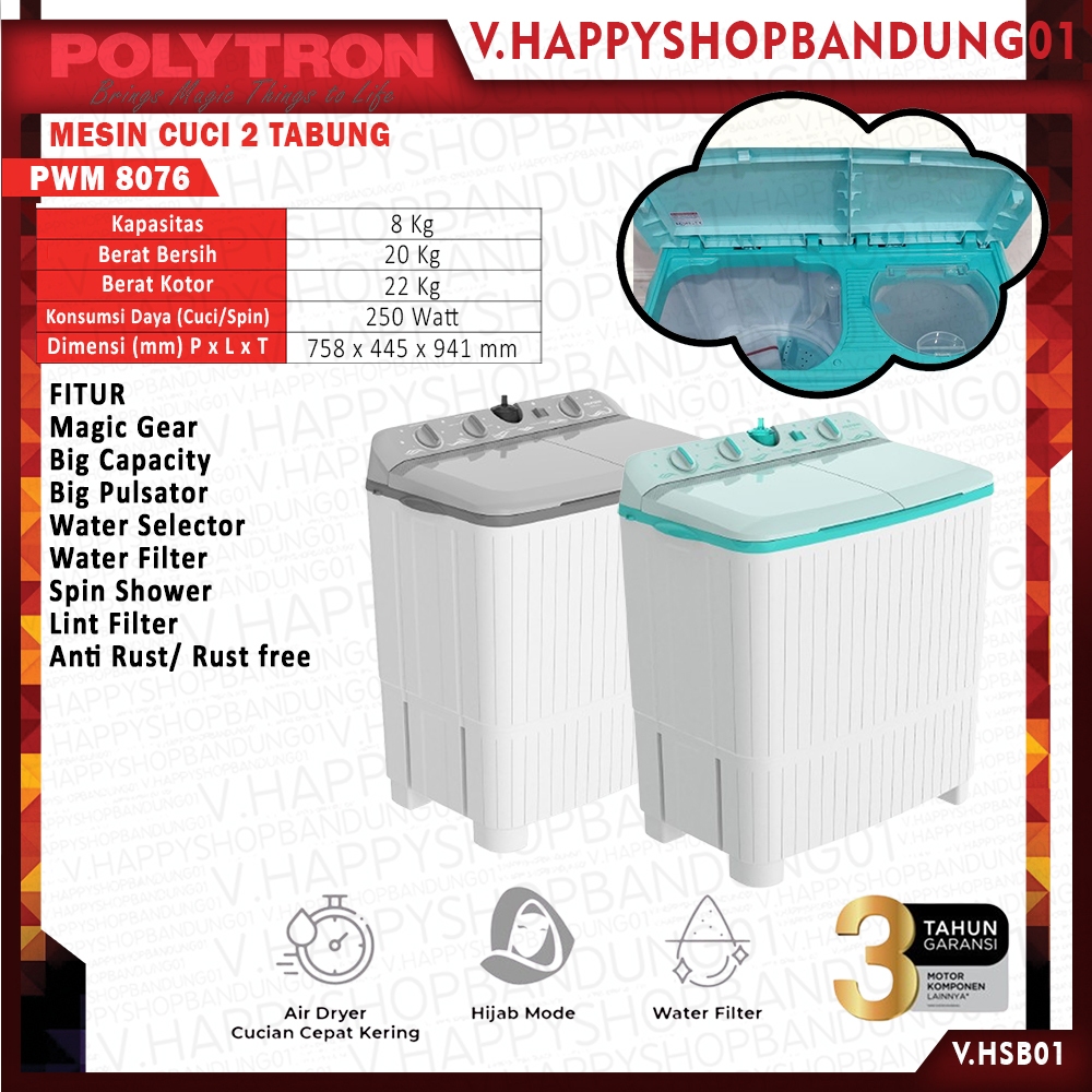 Jual Mesin Cuci 2 Tabung Polytron 8 Kg Twin Tub PWM-8076 | Shopee Indonesia
