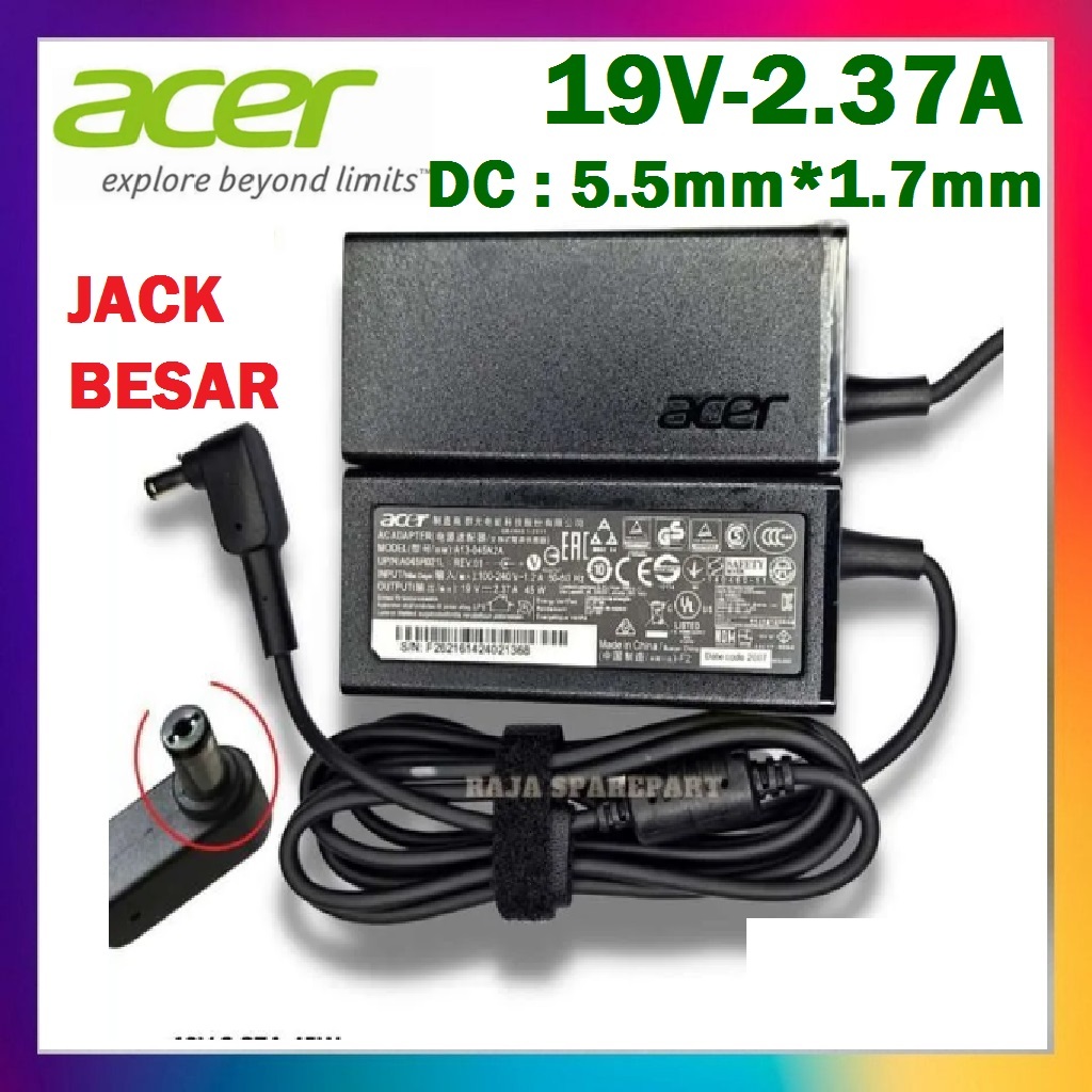 Jual ADAPTOR CAS CHARGER LAPTOP ACER ASPIRE 3 A314-41 A314-31 A314-32 A314-33 A315-21 19V-2.37A ...