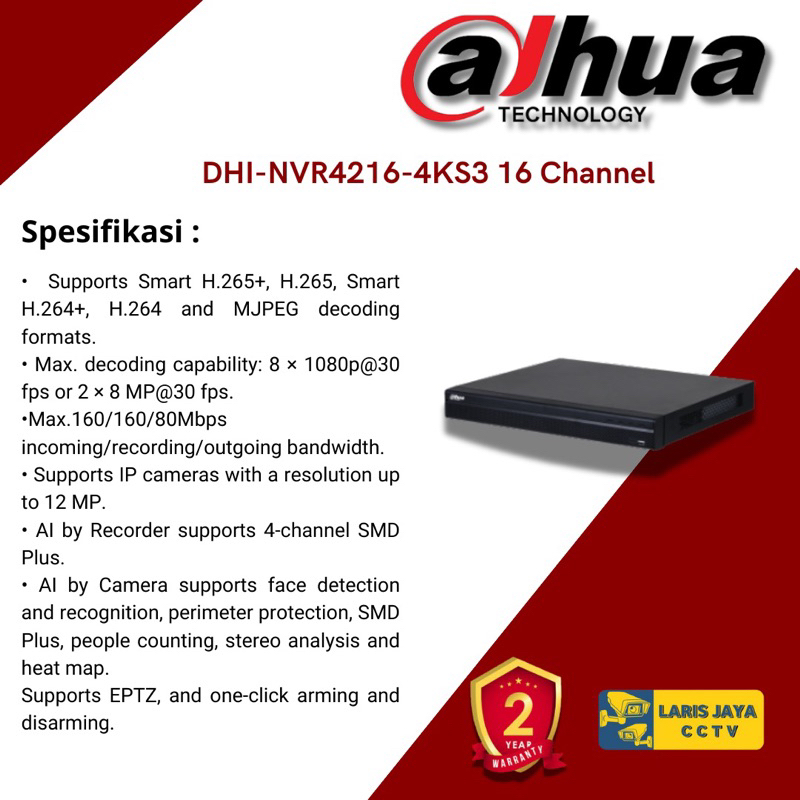 Jual NVR DAHUA 16CH 16CHANNEL DHI-NVR4216-4KS3 2 SATA Up to 12MP ...