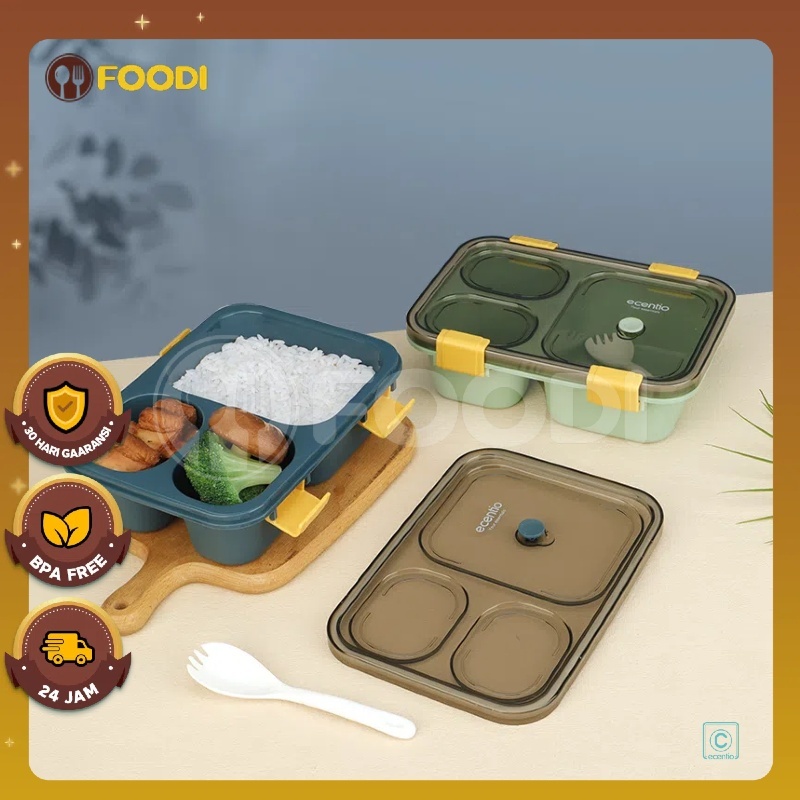 Jual ecentio & FOODI Kotak Makan 3 Grid lunch box Anti Tumpah 850ml/1100ml tempat makan/Dengan ...