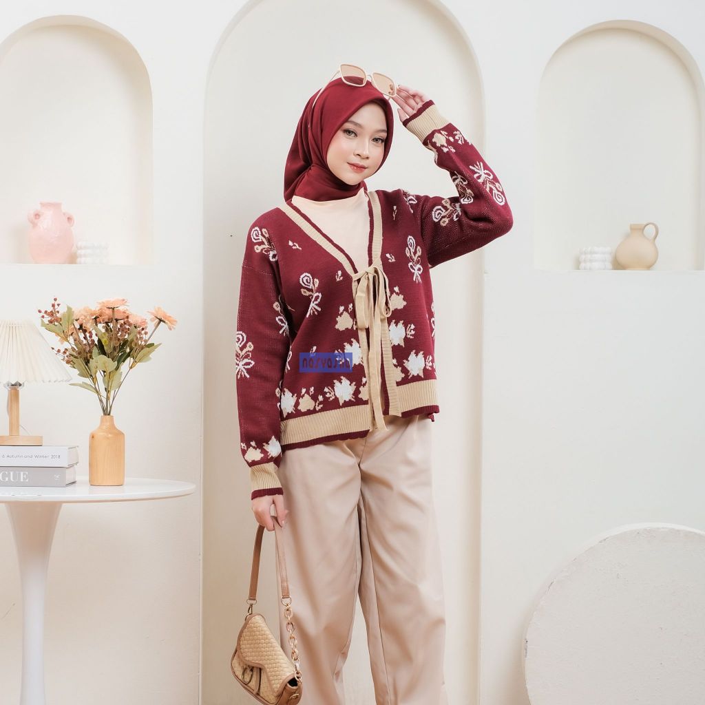 Jual Nasyasha - Mosela Maroon Knitwear Outer Tali Pita - Cardigan Wanita Motif Bunga Bahan Rajut ...