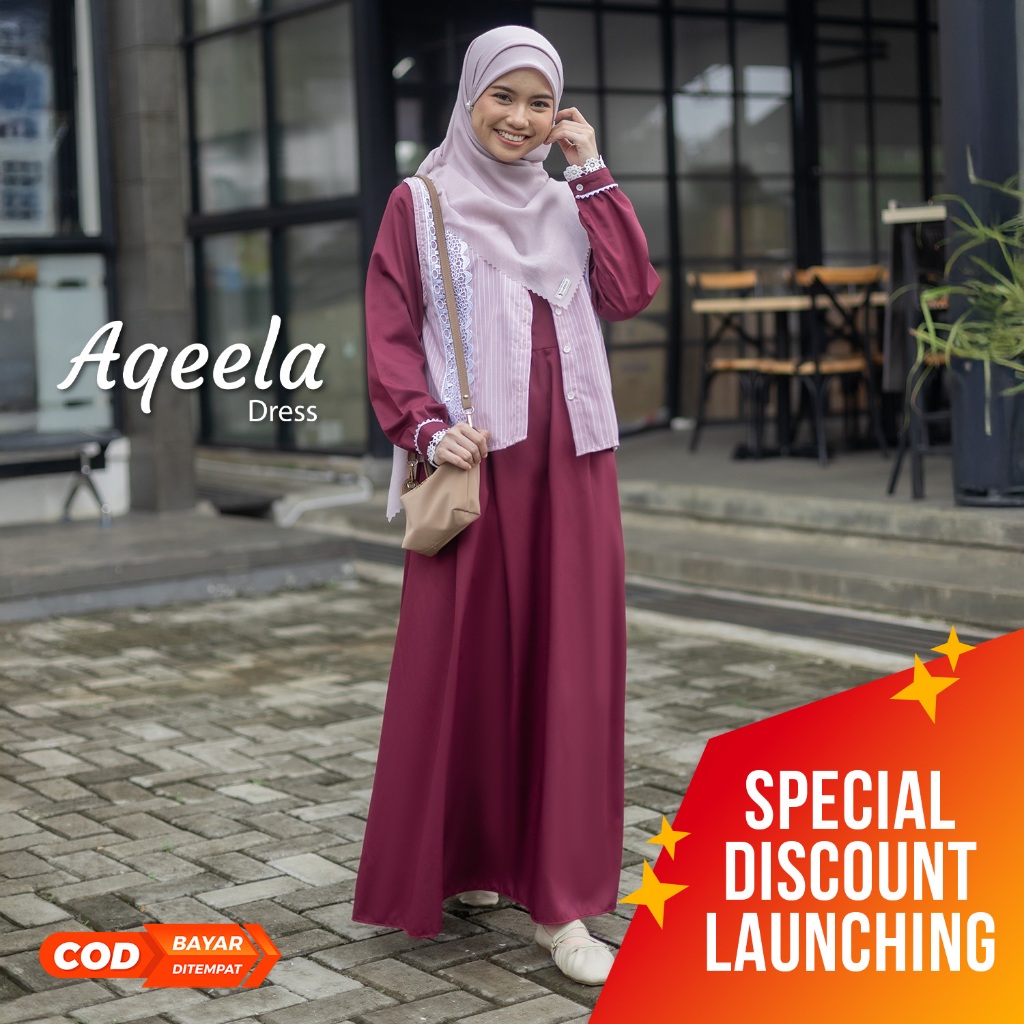 Jual JILBRAVE Aqeela Dress Gamis Lebaran Feminine set 2 in 1 Vest Motif Stripe Aksen Renda ...