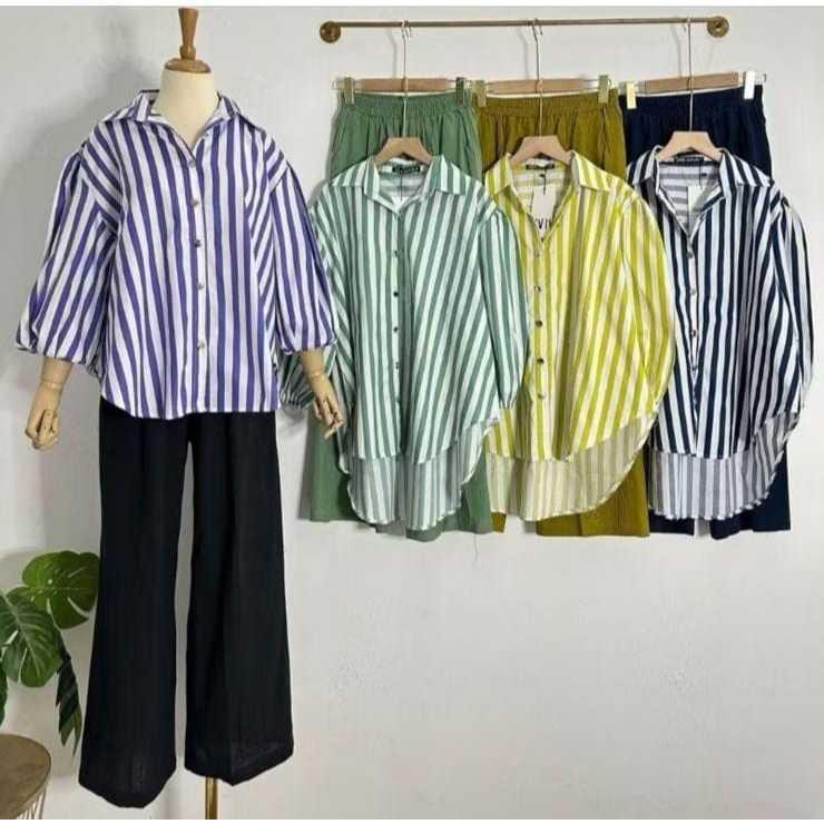 Jual Setelan Motif Salur Wanita One Set Kulot Crinkle Setelan Wanita ...