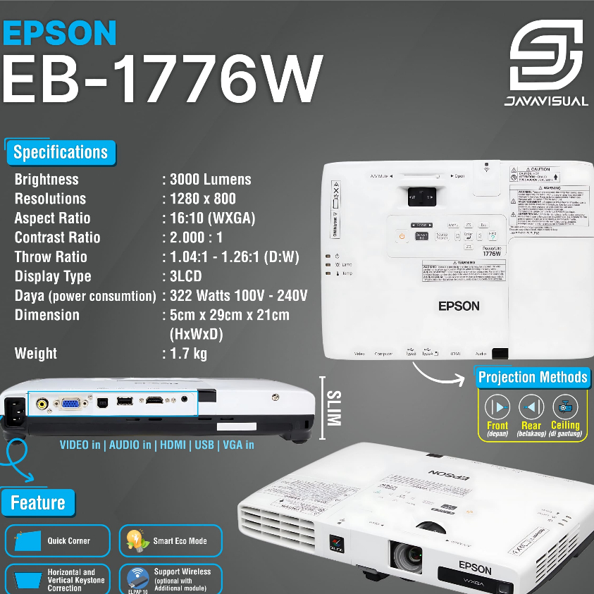 Jual PROYEKTOR CASIO EPSON EB-1776W HDMI 3000 LUMENS SECOND BERKUALITAS ...