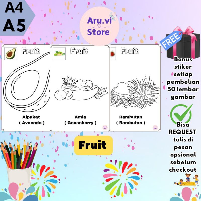 Jual Gambar FRUIT BUAH Mewarnai Anak Paud TK SD Bisa Request | Shopee ...