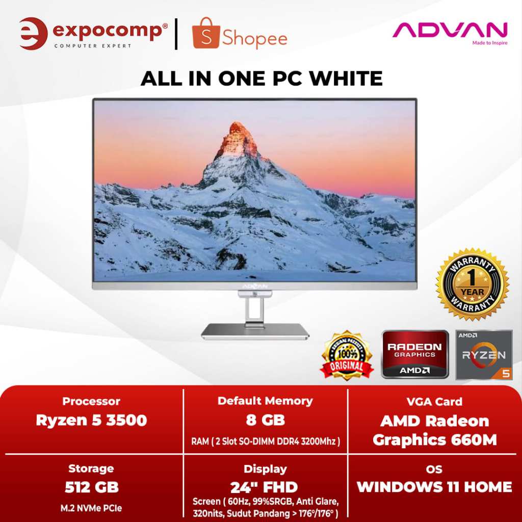 Jual ADVAN ALL IN ONE AIO ONE PC WHITE AMD RYZEN 5-3500U 8GB 512GB WIN ...