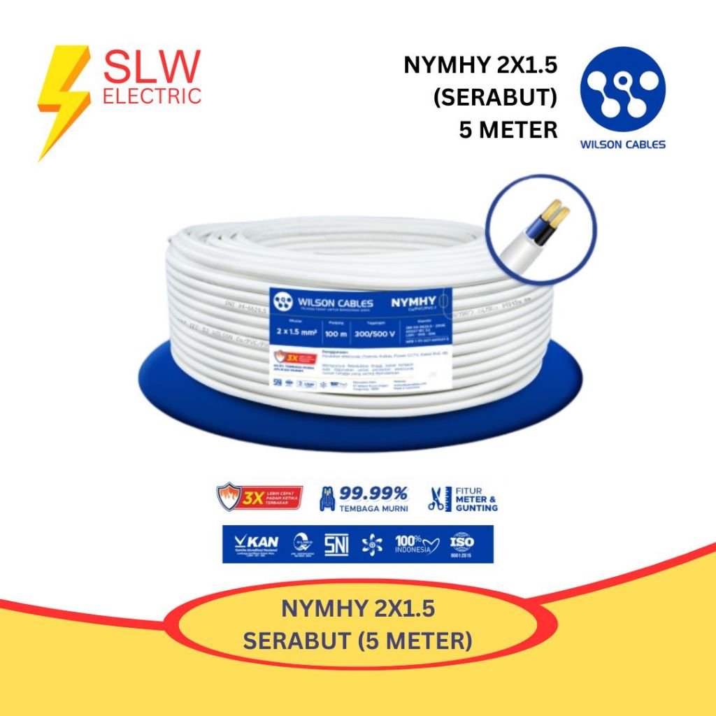 Jual WILSON CABLE KABEL LISTRIK SERABUT NYMHY 2X1.5 2X1,5 MM (5 METER) | Shopee Indonesia