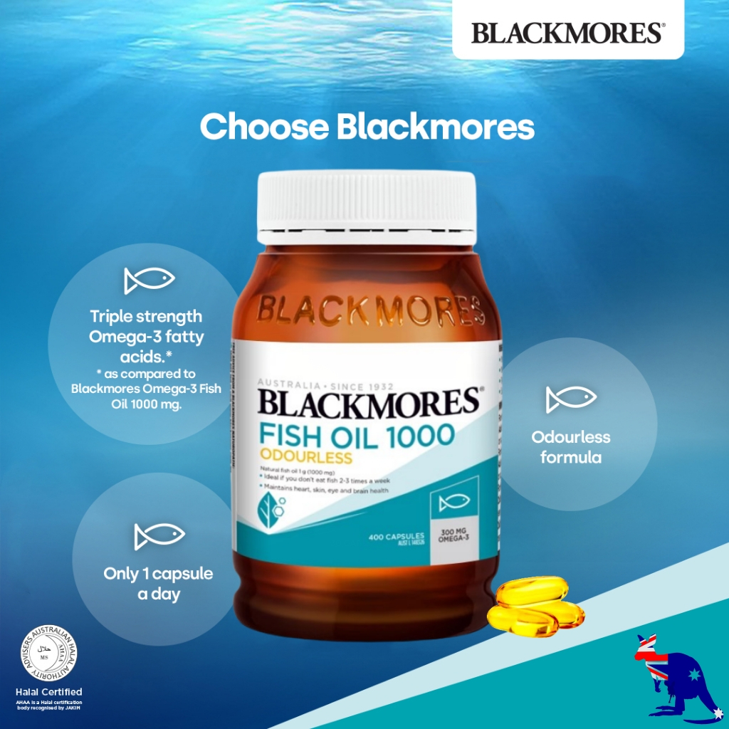 Jual Blackmores Omega 3 Fish Oil 1000mg 400 Kapsul Odourless/Omega Mini ...