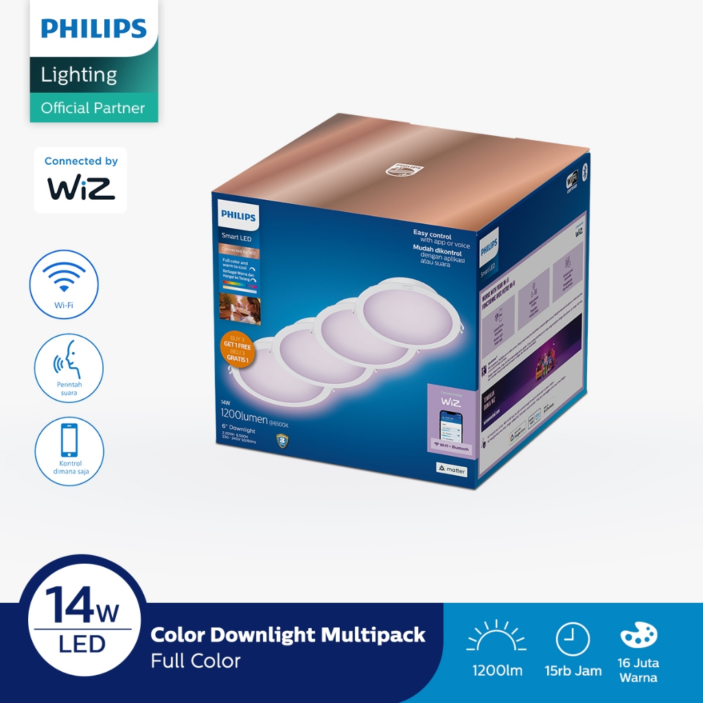 Jual Philips Lampu Smart WiFi LED Downlight Multipack 14W D150 Color ...