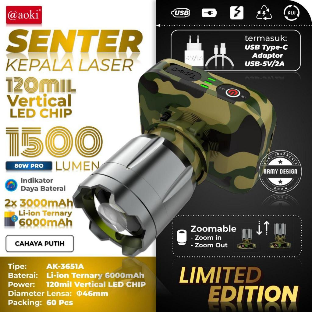 Jual Senter kepala AOKI AK-3651A PRO+ 80 Watt 1500 Lumens Led Laser Zoom jarak Jauh Komplit ...