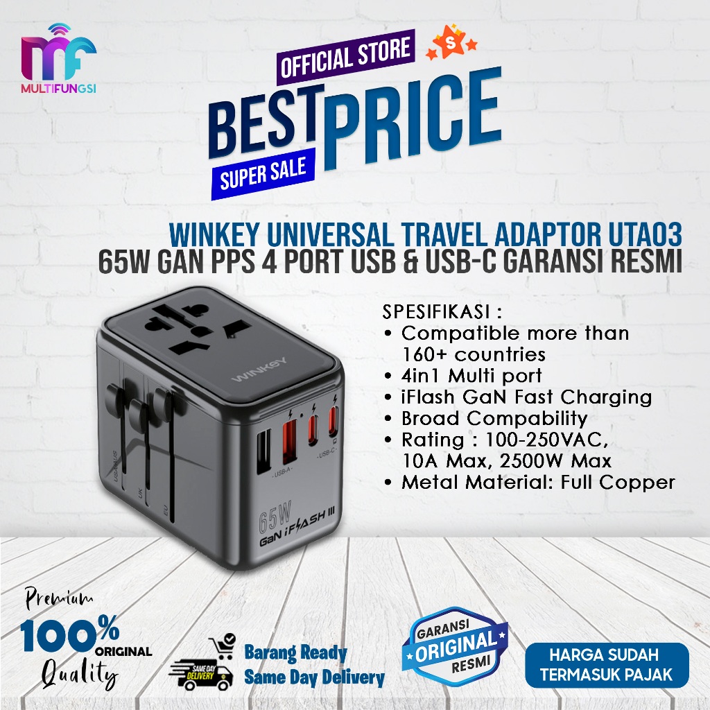 Jual Winkey Universal Travel Adaptor UTA03 65W GAN PPS 4 Port USB & USB ...