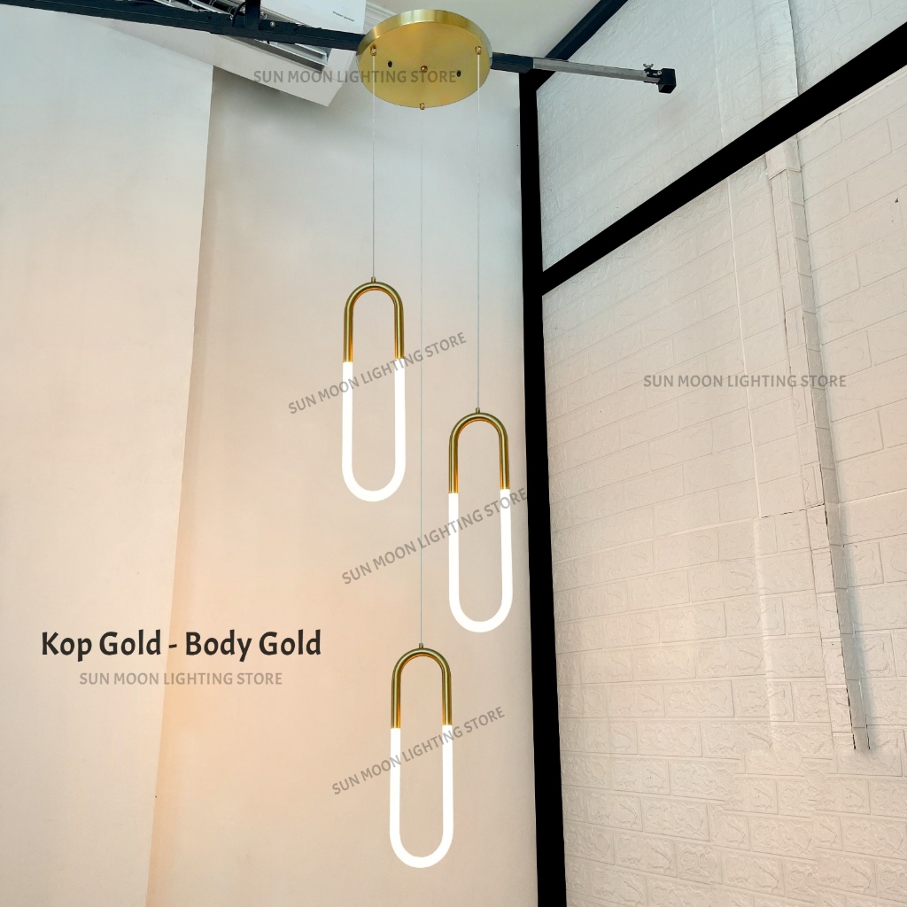 Jual Lampu gantung void tangga oval 3in1 led body gold hitam modern minimalis 3lampu lighting ...