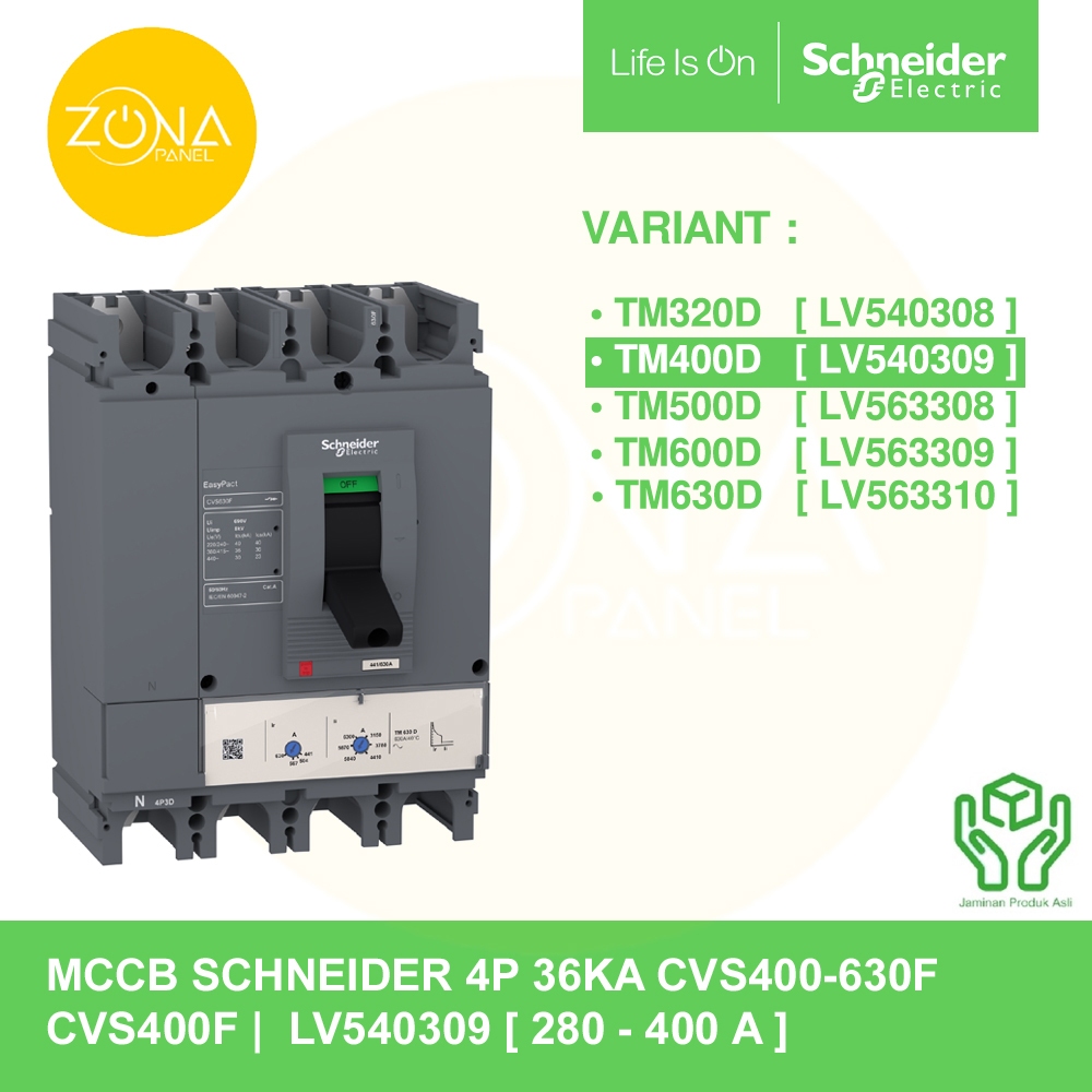 Jual MCCB SCHNEIDER EASYPACT CVS400F 4P 400A 36KA TMD TM400D LV540309 ...