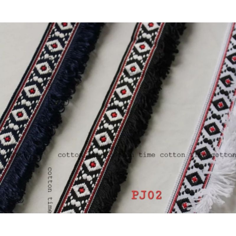 Jual renda disain etnik dengan rumbai benang warna biru tua per meter ...