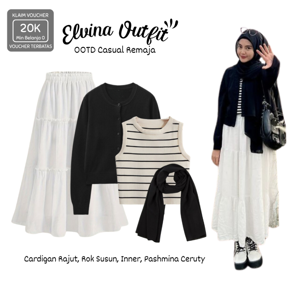 Jual LF19 | Setelan Cantik & Elegan! (Cardigan Rajut Hitam, Rok Susun ...