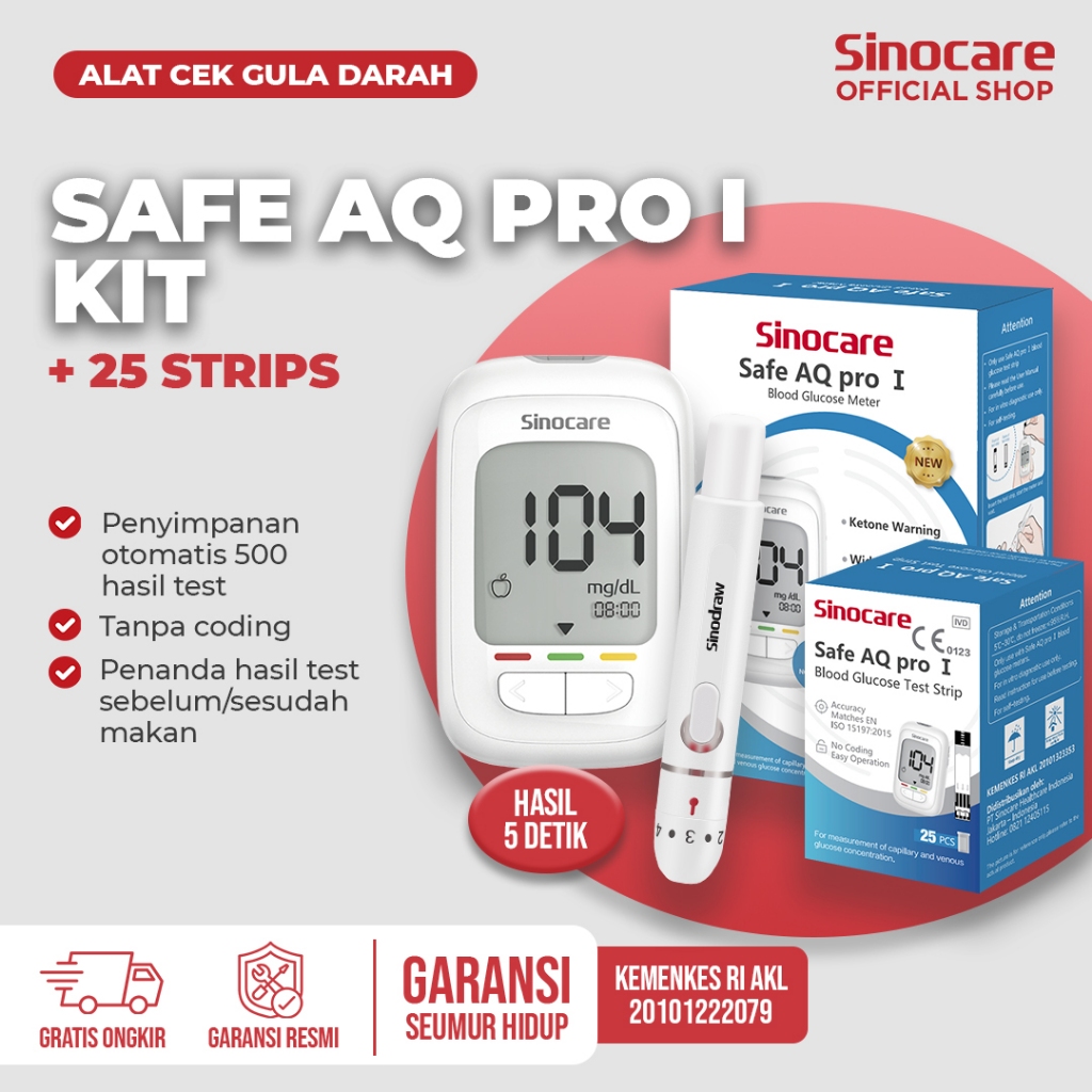 Jual Alat Ukur Cek Gula Darah Instant Sinocare Safe AQ Pro 25 Kits Alat ...