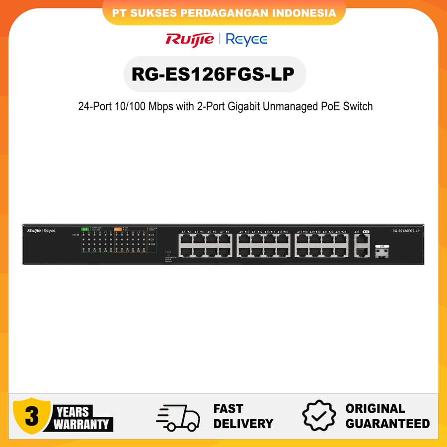 Jual RUIJIE REYEE RG-ES126FGS-LP, Switch PoE Unmanage 24-Port 10/100 Mbps dengan 2-port Gigabit ...