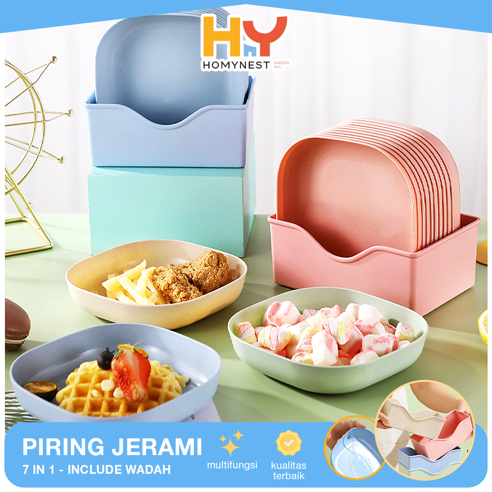 Jual HOMYNEST Piring Jerami Piring Persegi 1 Set Isi 7 PCS Piring Wheat ...